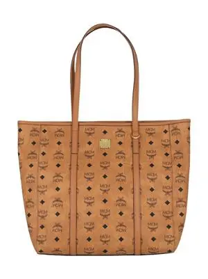 Mcm MCM Monogram Print Shopper Bag With Napa Leather Trim Brown
