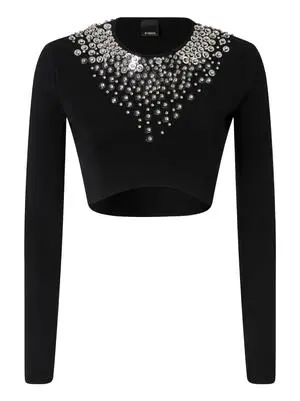 Pinko Crystal-embellished Long Sleeve Cropped Sweater - Black