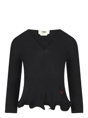 Fendi Ribbed V-neck Top With Ruffled Hem - Black