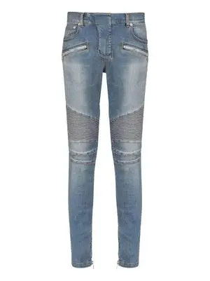 Balmain Slim-fit Biker Jeans With Ribbed Details - Blue