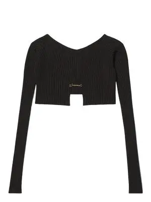 Jacquemus Ribbed Knit Cropped Cardigan With Logo Charm - Black