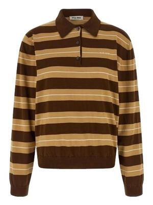 MIU MIU Miu Miu Long-Sleeved Knitted Striped Polo Shirt