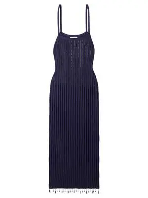 JIL SANDER Ribbed-knit Maxi Dress With Bead Embellishment - Navy