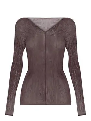 Issey Miyake Pleated V-neck Chiffon Top - Brown