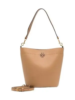 Tory Burch Mcgraw Double T Logo Plaque Bucket Bag - Brown