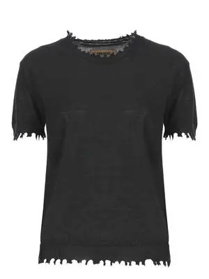 UMA WANG Distressed Crew Neck Short Sleeve Sweater - Black