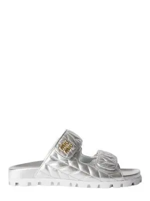Miu Miu Matelassé Effect Sandals With Metal Lettering - Silver