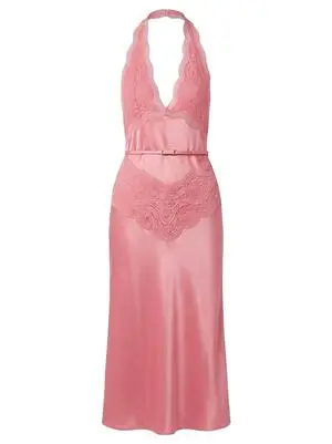 Gucci Lace Detailed Satin Halterneck Dress - Pink