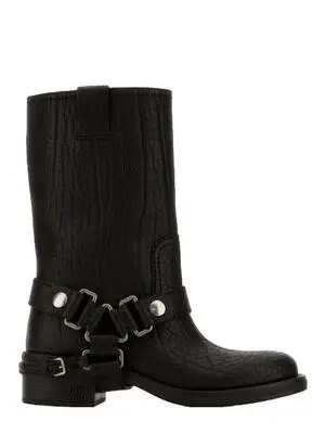 Miu Miu Moto Round-toe Boots With Buckled Straps - Black