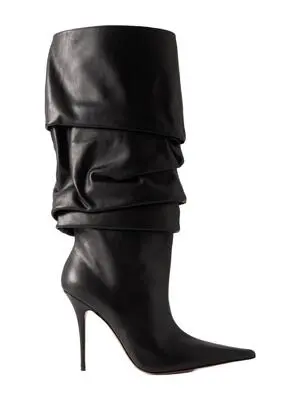 Amina Muaddi Gathered Leather Knee Boots - Black