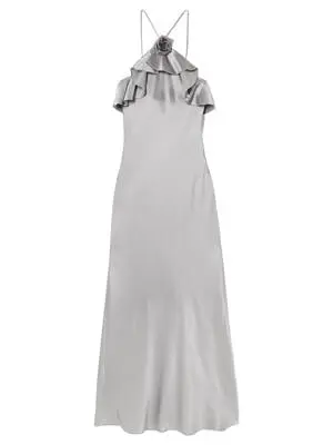 RODARTE Appliquéd Ruffled Silk-satin Halterneck Midi Dress - Gray