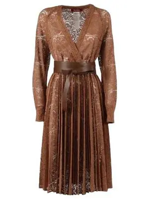 Max Mara V-neck Lace Pleated Midi Dress With Belt - Brown