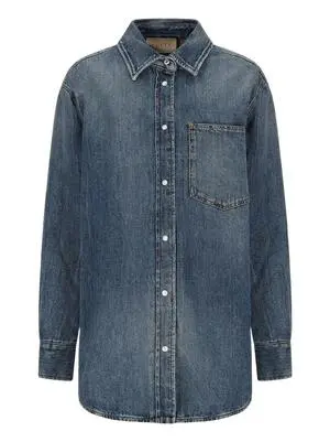 Gucci Logo Plaque Collared Long-sleeve Shirt - Blue