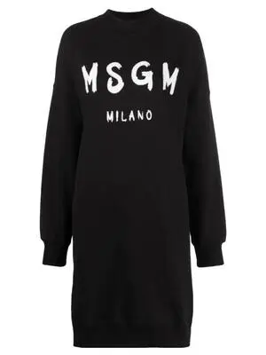 MSGM Logo Printed Rib Knitted Dress - Black