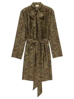 Saint Laurent Paisley Print Long Sleeve Dress With Tie Detail - Brown