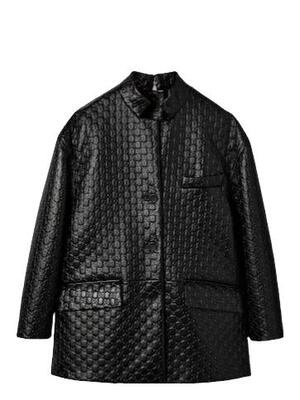 Gucci Gucci GG Embossed Leather Stand Collar Jacket Black
