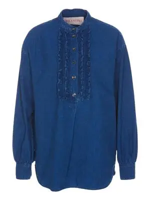 Valentino Garavani Long Sleeve Ruffled Denim Shirt - Blue