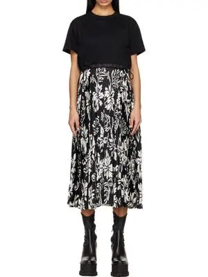 Sacai Floral-print Pleated Midi Dress - Black
