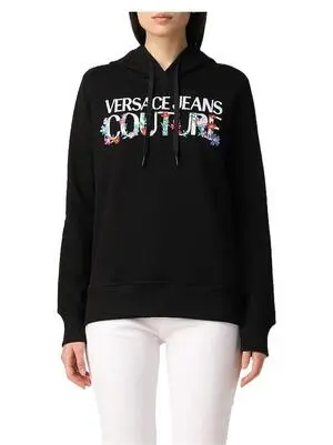 Versace Floral Embroidered Cotton Hoodie - Black
