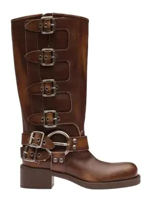 Miu Miu Buckled Round Toe Leather Boots - Green