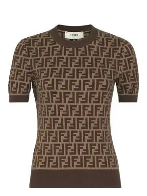 Fendi Ff Jacquard Short Sleeve Crewneck Jumper - Brown