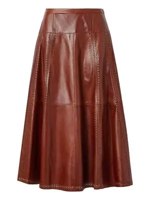 Ulla Johnson Ulla Johnson "Aninda" Patchwork Perforated Leather Midi Skirt Brown