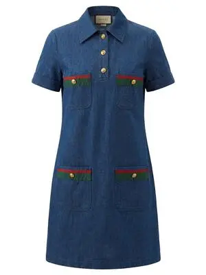 Gucci Denim Mini Dress With Webbing Trim - Blue