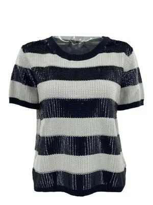 Emporio Armani Striped Sequin Embellished Short Sleeve Sweater - Black
