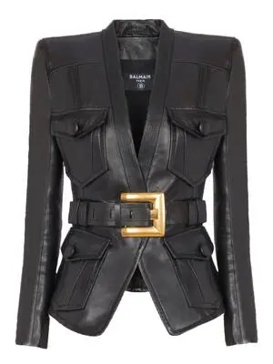 Balmain 1-button Belted Leather Jacket - Black