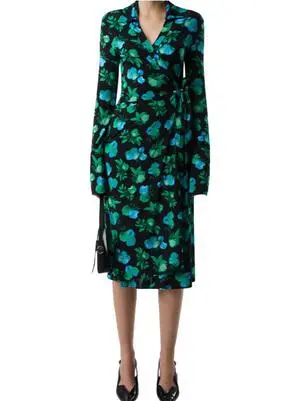 Coperni Floral Print Long Sleeve V-neck Wrap Dress - Black