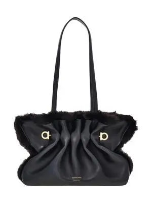 FERRAGAMO Small Gathered Detail Handbag With Fur Trim - Black