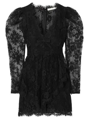 ALESSANDRA RICH Alessandra Rich Black Lace Mini Dress With Puff Sleeves And Bow Detail