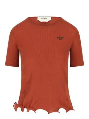 Fendi Fendi Ribbed Top With Embroidered Logo And Ruffled Hem Brown
