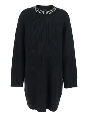 Pinko Long Sleeve Knit Dress With Embellished Crew Neck - Black