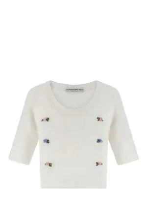 Alessandra Rich Cropped Knitted Jumper With Embroidered Detail - White