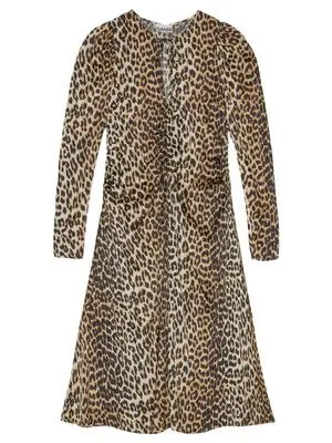 GANNI Printed Satin Ruched Midi Dress - Leopard