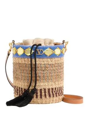 Valentino Garavani Small Raffia Embroidered Bucket Bag - Nude