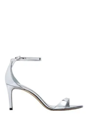 STUART WEITZMAN Metallic Round Toe Stiletto Sandals With Ankle Straps - Silver
