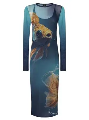 Pinko Fish-print Mesh Midi Dress - Blue
