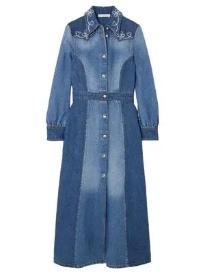 Chloé Embroidered Denim Shirt Dress - Blue