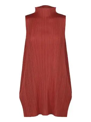 PLEATS PLEASE BY ISSEY MIYAKE Sleeveless Mock Neck Tunic Top - Deep Red