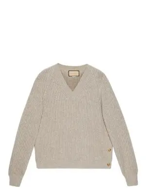 Gucci V-neck Ribbed Knit Sweater With Gold Buttons - Nude
