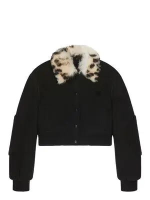 Givenchy Cropped Wool Varsity Jacket With Leopard Print Fur Collar - Black