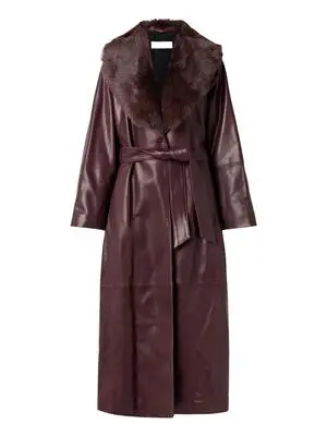 Nour Hammour Briona Belted Shearling-trimmed Leather Coat - Red