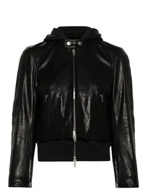 Balenciaga Layered Detail Leather Hooded Jacket - Black