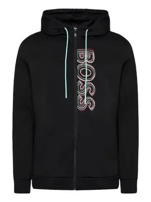 Hugo Boss Logo Embroidered Zip-up Hooded Coat - Black