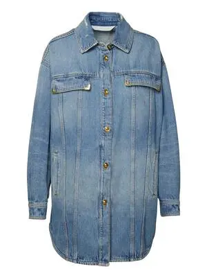 Palm Angels Curved Hem Buttoned Denim Shirt - Blue