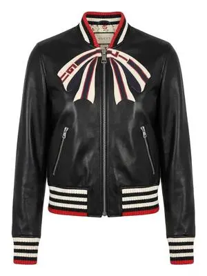 Gucci Bow Zipper Leather Bomber Jacket - Black