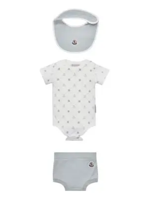 Moncler Logo Print Bodysuit, Shorts, And Bib Set - Blue/white