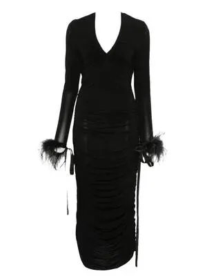 Pinko V-neck Long Sleeve Gathered Midi Dress With Feather Accents - Black